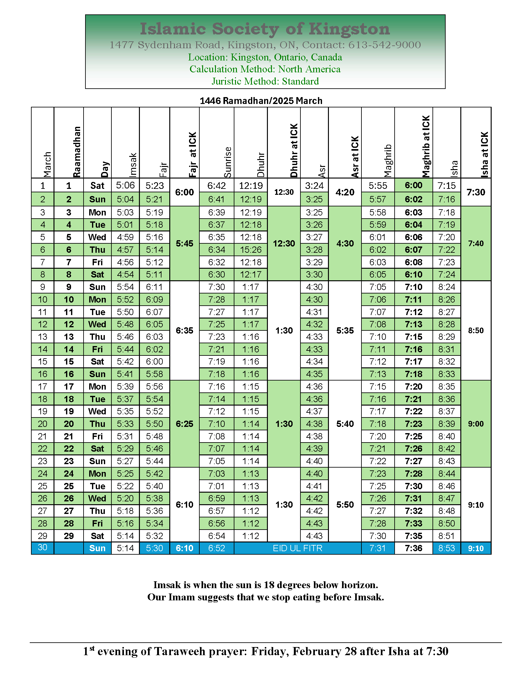 Prayer Timings – Islamic Society of Kingston – ISK – Islamic Centre ...